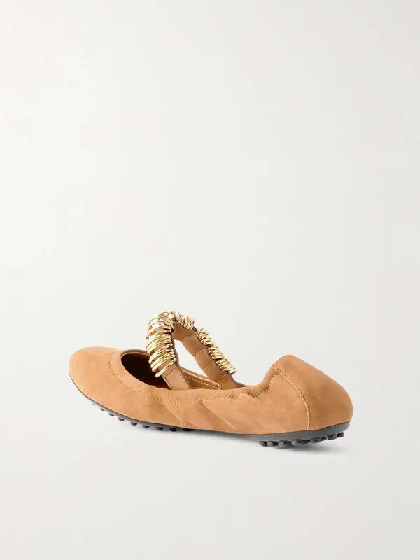 TOD'S Suede Ballet Flats With Golden Ring Detail