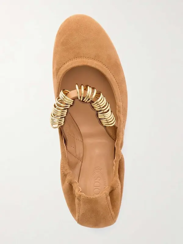 TOD'S Suede Ballet Flats With Golden Ring Detail