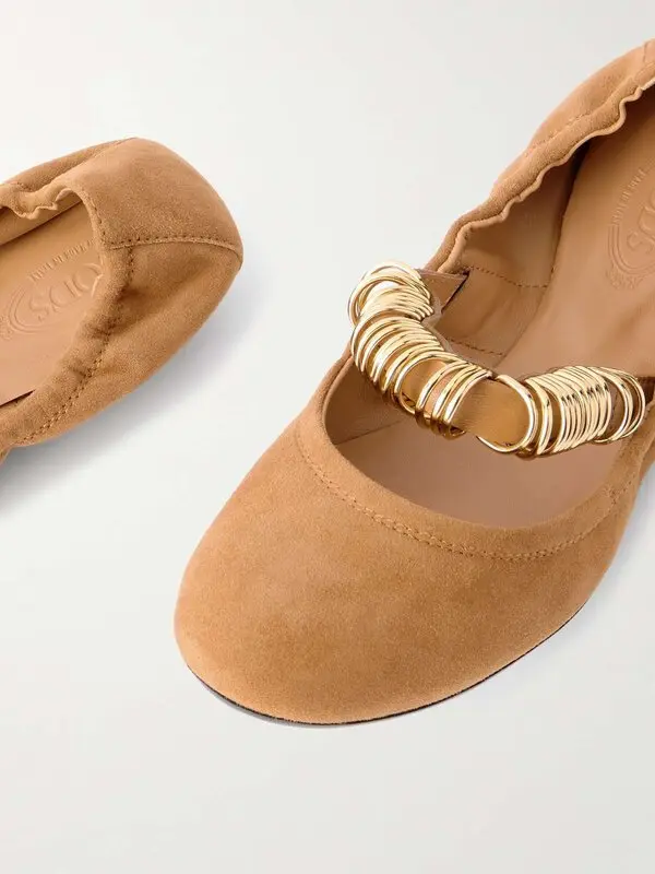TOD'S Suede Ballet Flats With Golden Ring Detail