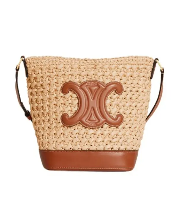 Celine Small Bucket Cuir Triomphe In Raffia And Calfskin - Natural/tan
