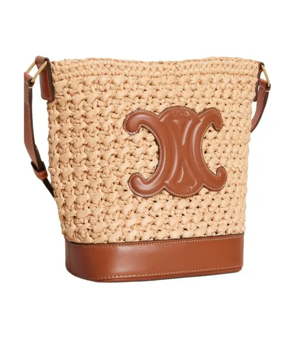 Celine Small Bucket Cuir Triomphe In Raffia And Calfskin - Natural/tan