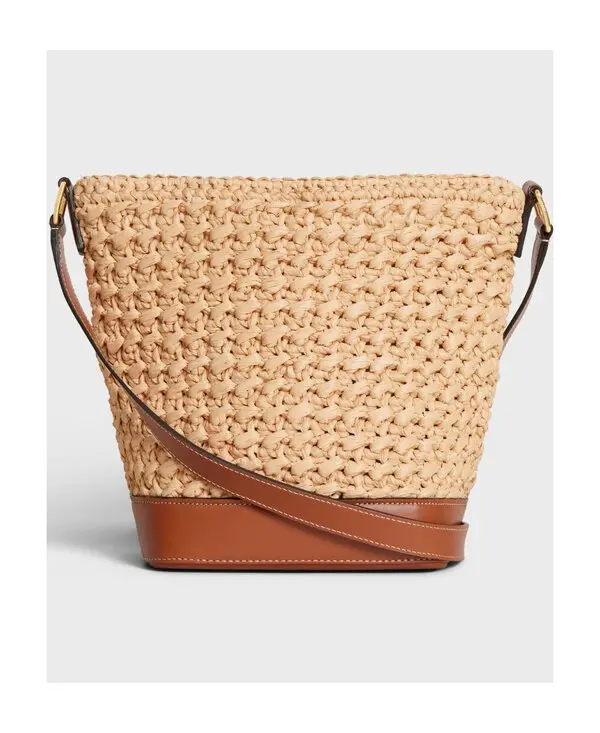 Celine Small Bucket Cuir Triomphe In Raffia And Calfskin - Natural/tan