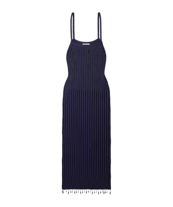 JIL SANDER Ribbed-knit Maxi Dress With Bead Embellishment - Navy