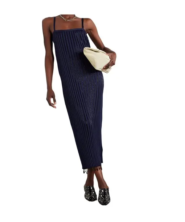 JIL SANDER Ribbed-knit Maxi Dress With Bead Embellishment - Navy