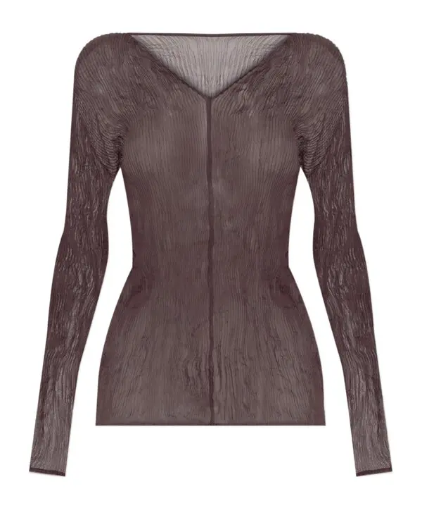 Issey Miyake Pleated V-neck Chiffon Top - Brown