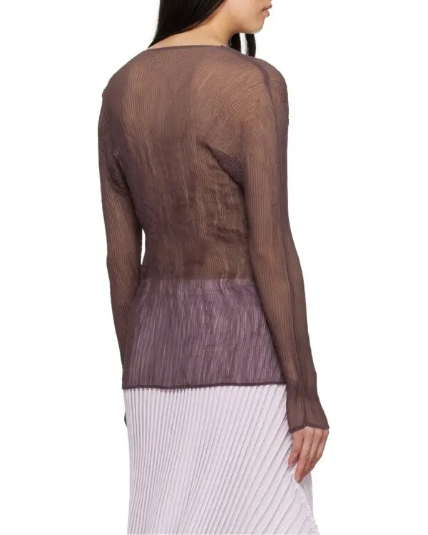Issey Miyake Pleated V-neck Chiffon Top - Brown