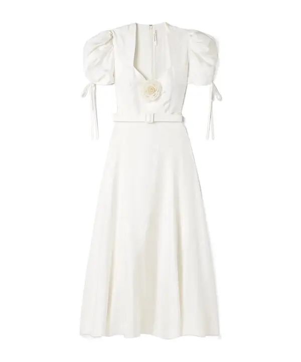 RODARTE Appliquéd Belted Silk-twill Midi Dress
