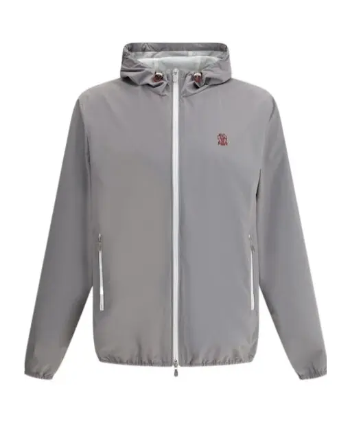 Brunello Cucinelli Logo Embroidered Zip-up Hooded Jacket - Gray