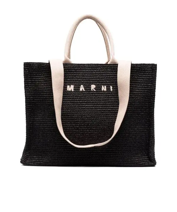Marni Embroidered Raffia Tote Bag - Black