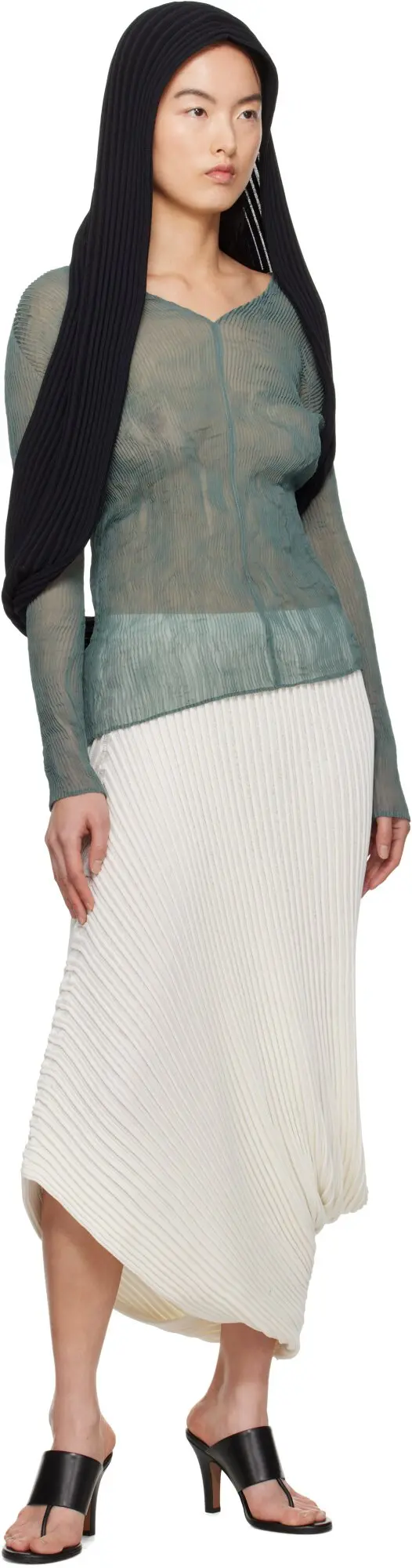 Issey Miyake Pleated V-neck Top - Gray