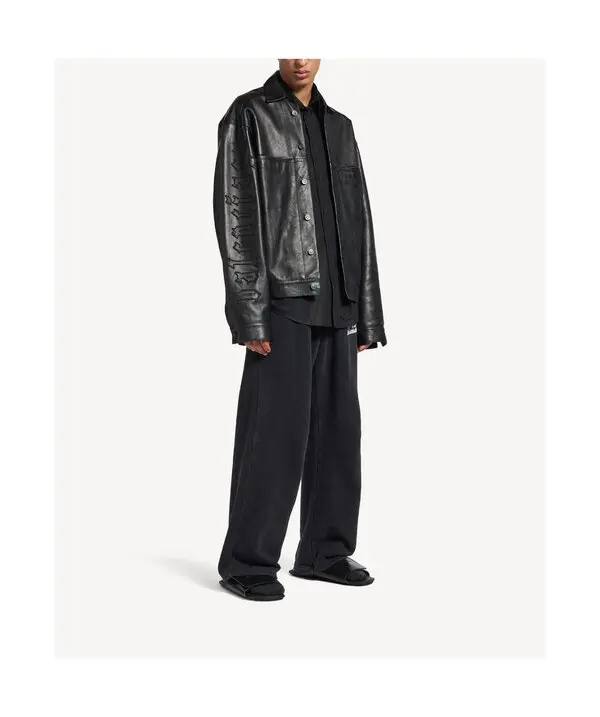 Balenciaga Leather Shirt Jacket With Gothic Embroidery - Black