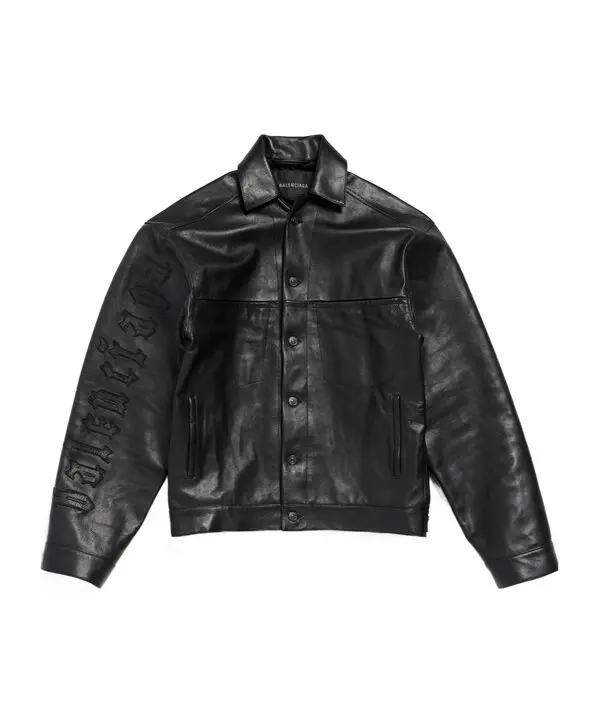 Balenciaga Leather Shirt Jacket With Gothic Embroidery - Black