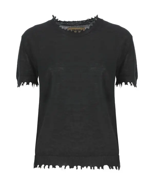 UMA WANG Distressed Crew Neck Short Sleeve Sweater
