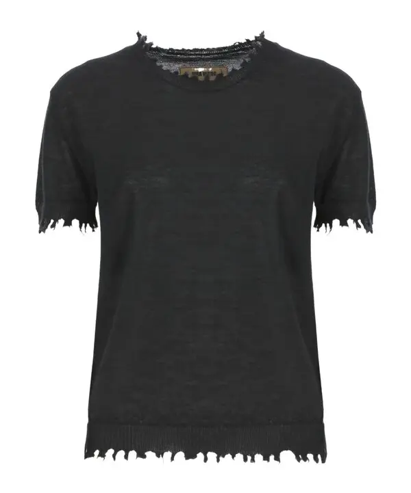 UMA WANG Distressed Crew Neck Short Sleeve Sweater - Black