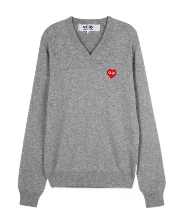 Play Comme Des Garcon V-neck Sweater With Heart Applique - Gray