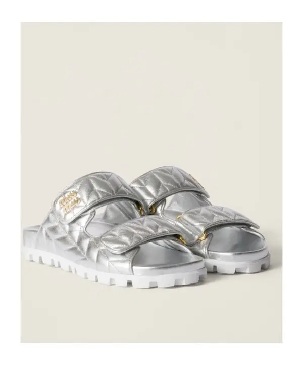 Miu Miu Quilted Slide Sandals - Silver