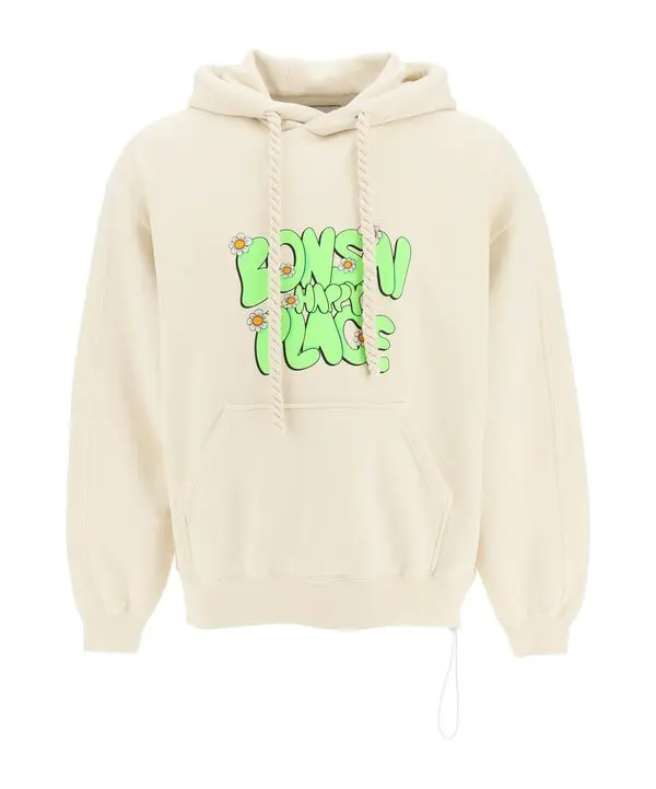 BONSAI Slogan Printed Drawstring Hoodie - White
