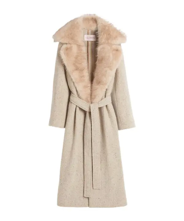 Valentino Garavani Open Front Belted Coat With Plush Neckline