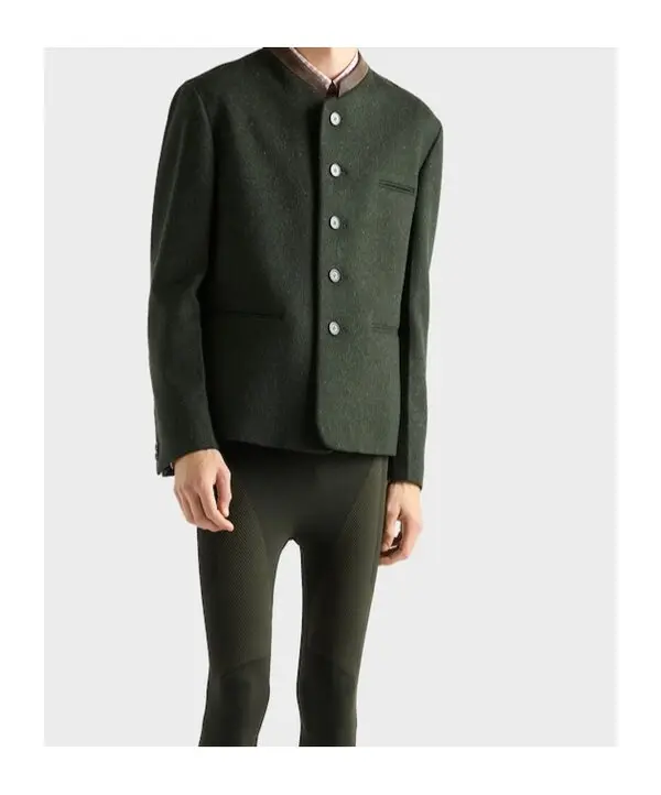 Prada Long Sleeve Wool Jacket With Leather Trim