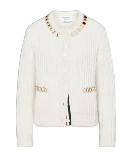 Thom Browne Embellished Knitted Cardigan With Signature Striped Grosgrain Trim - White