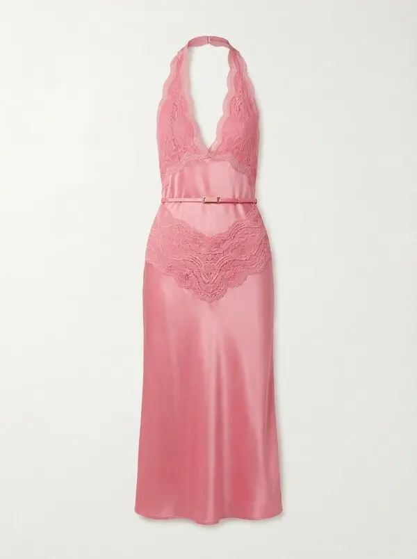 Gucci Lace Detailed Satin Halterneck Dress