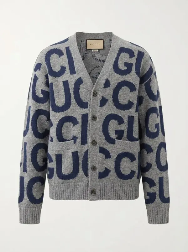 Gucci Logo Intarsia Button-up Cardigan - Gray