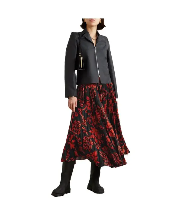 Sacai Floral-print Pleated Midi Skirt