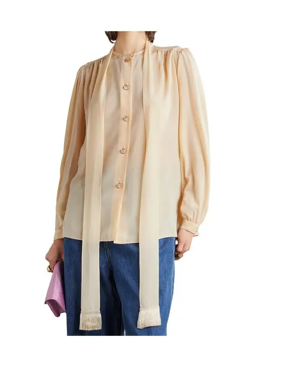 Valentino Garavani Fringed Pussy-bow Chiffon Shirt - Nude