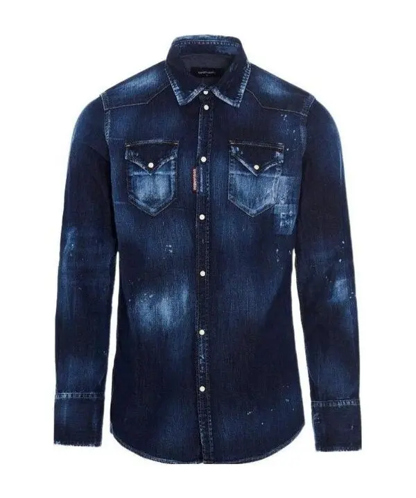 Dsquared2 Faded Paint Splatter Denim Shirt - Blue