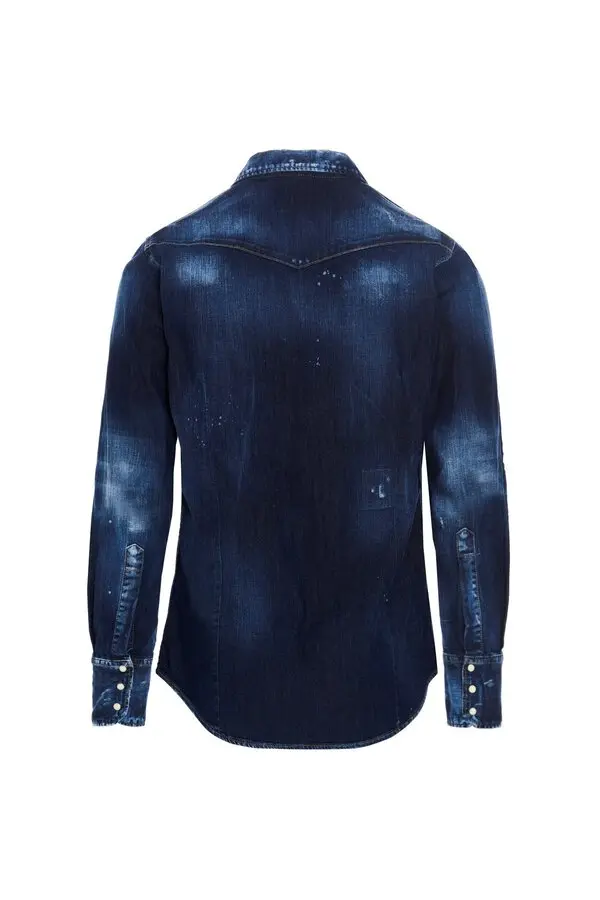 Dsquared2 Faded Paint Splatter Denim Shirt - Blue