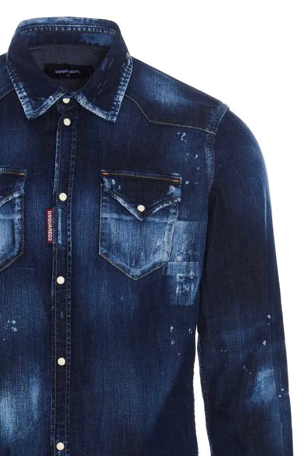 Dsquared2 Faded Paint Splatter Denim Shirt - Blue