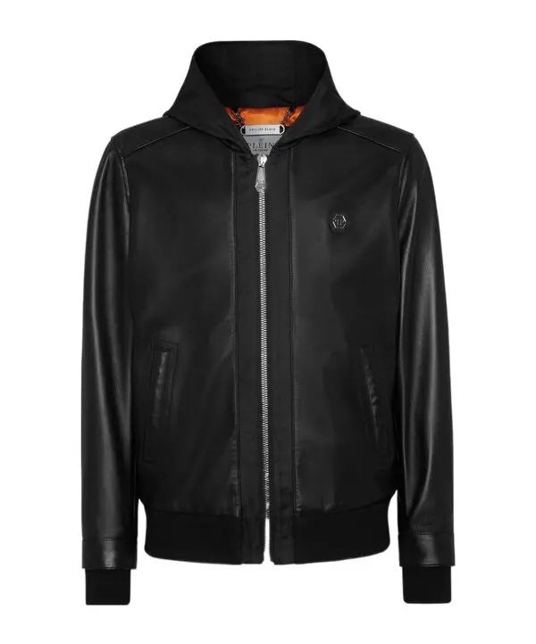 Philipp Plein Leather And Satin Hooded Bomber Jacket - Black