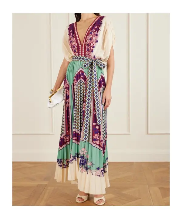 La DoubleJ V-neck Floral Pleated Midi Dress - Multicolor
