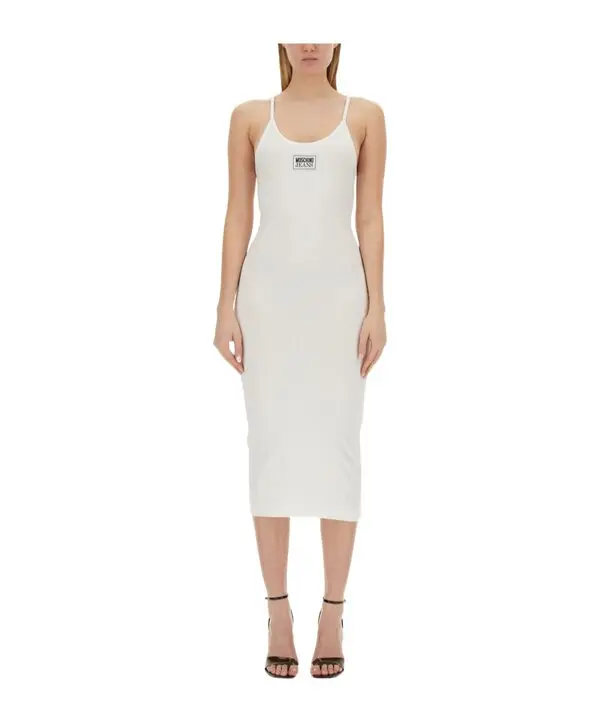 Moschino Logo Ribbed Midi Dress - White