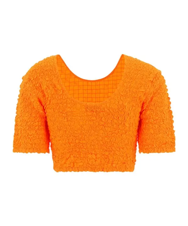 GANNI Shirred Crewneck Cropped Top - Orange
