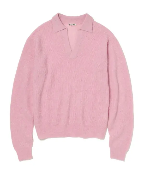 Auralee Open Collar Knitted Sweater In Baby Suri Alpaca