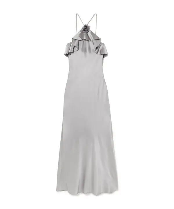 RODARTE Appliquéd Ruffled Silk-satin Halterneck Midi Dress - Gray