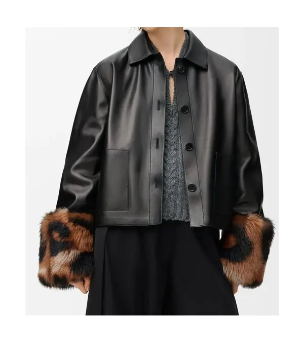 Loewe Leather Jacket With Fur Cuffs - Black