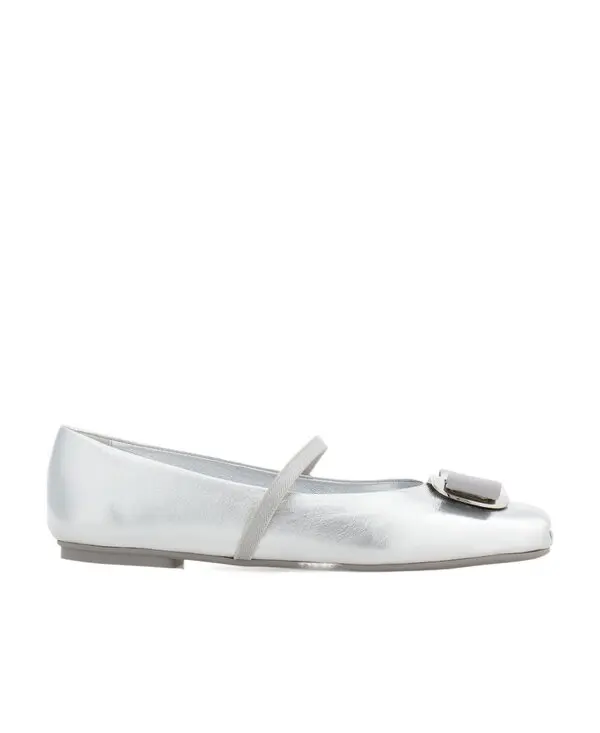 FERRAGAMO Silver Metallic Slip-on Flats With Logo Detail
