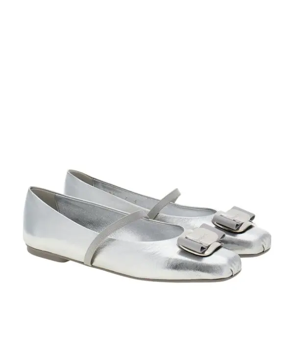 FERRAGAMO Silver Metallic Slip-on Flats With Logo Detail