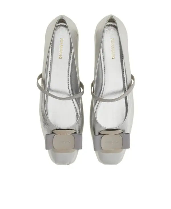 FERRAGAMO Silver Metallic Slip-on Flats With Logo Detail