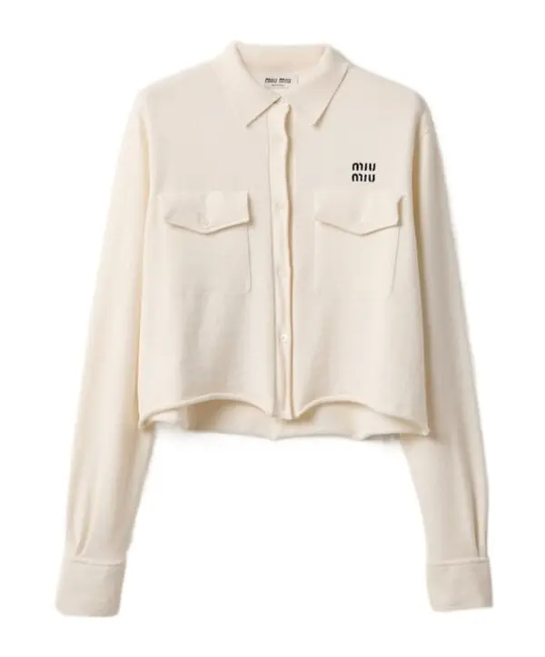 Miu Miu Cropped Knitted Cardigan With Embroidered Logo - White