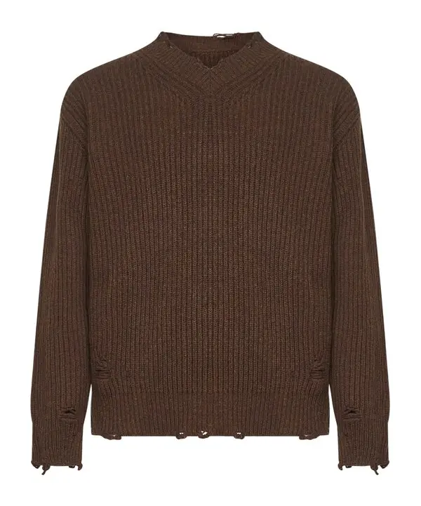 MAISON MARGIELA Distressed Ribbed V-neck Sweater - Brown