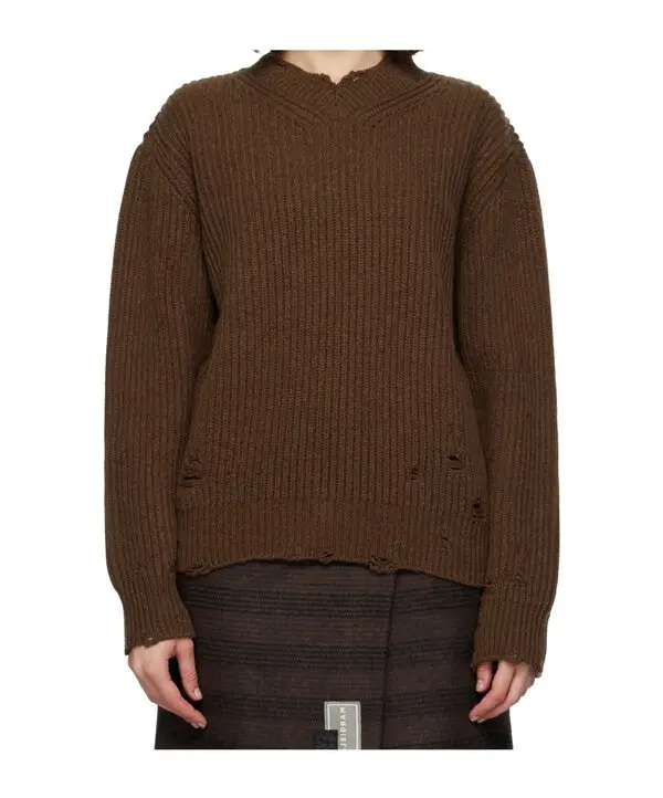 MAISON MARGIELA Distressed Ribbed V-neck Sweater - Brown