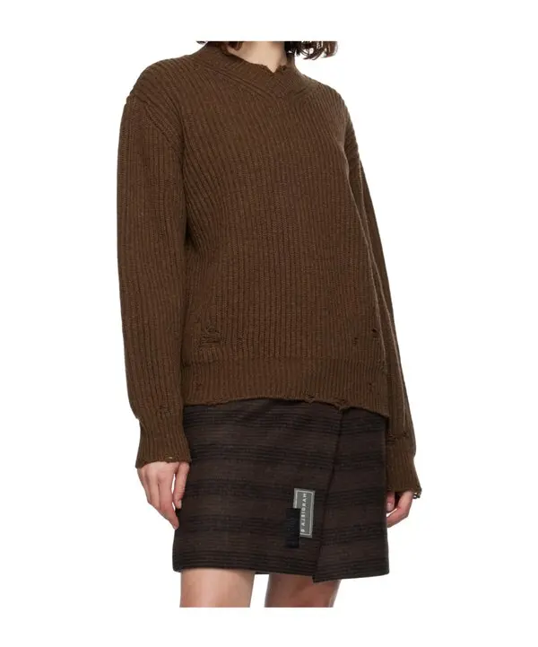MAISON MARGIELA Distressed Ribbed V-neck Sweater - Brown