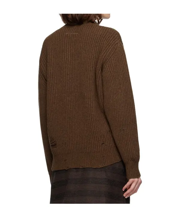 MAISON MARGIELA Distressed Ribbed V-neck Sweater - Brown