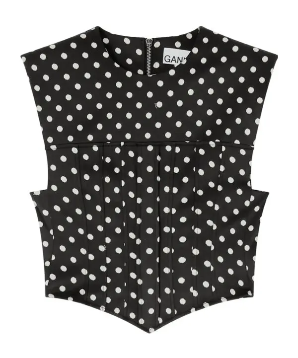GANNI Polka-dot Satin Corset Top - Black
