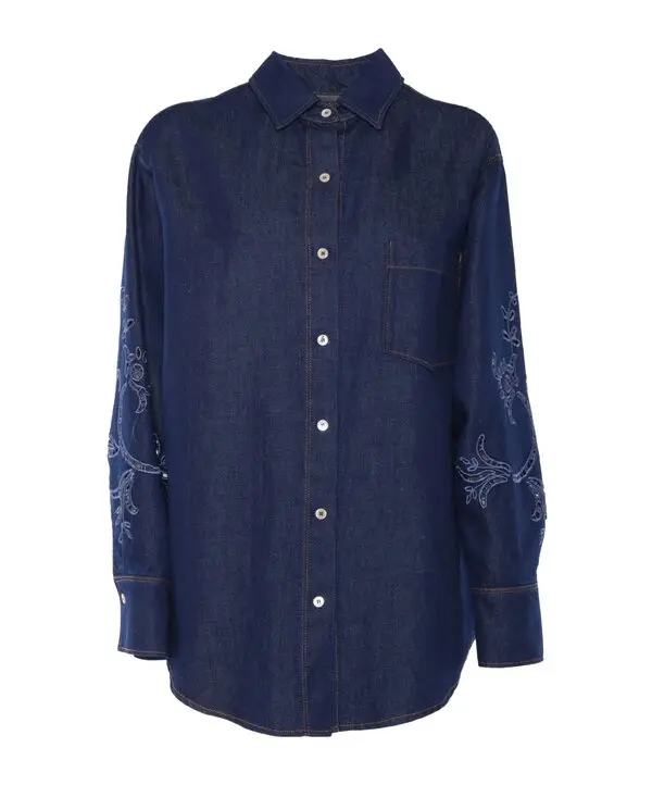 FORTE_FORTE Long Sleeve Denim Shirt With Embellished Details - Blue