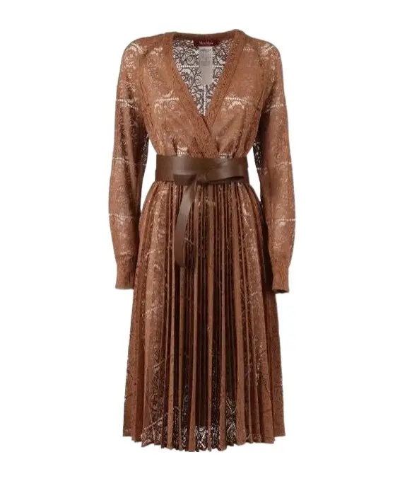 Max Mara V-neck Lace Pleated Midi Dress With Belt