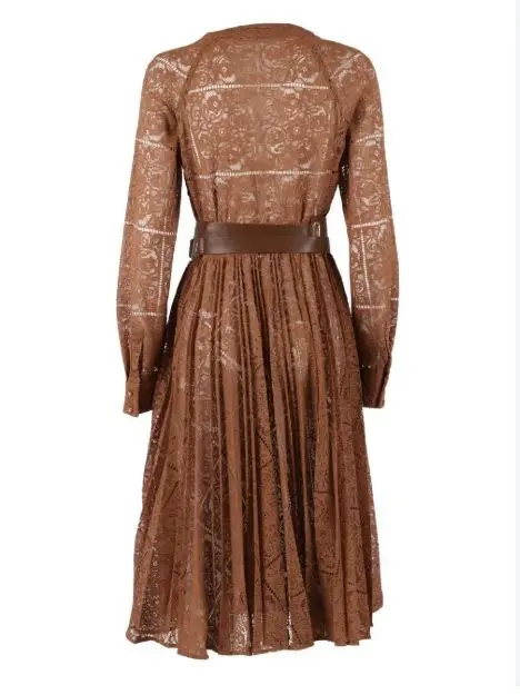 Max Mara V-neck Lace Pleated Midi Dress With Belt